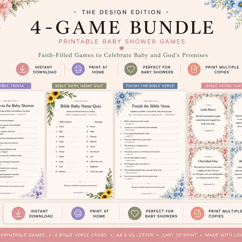 Baby Shower Games Bundle | Floral Christian Bible Verse, Trivia, Name ...