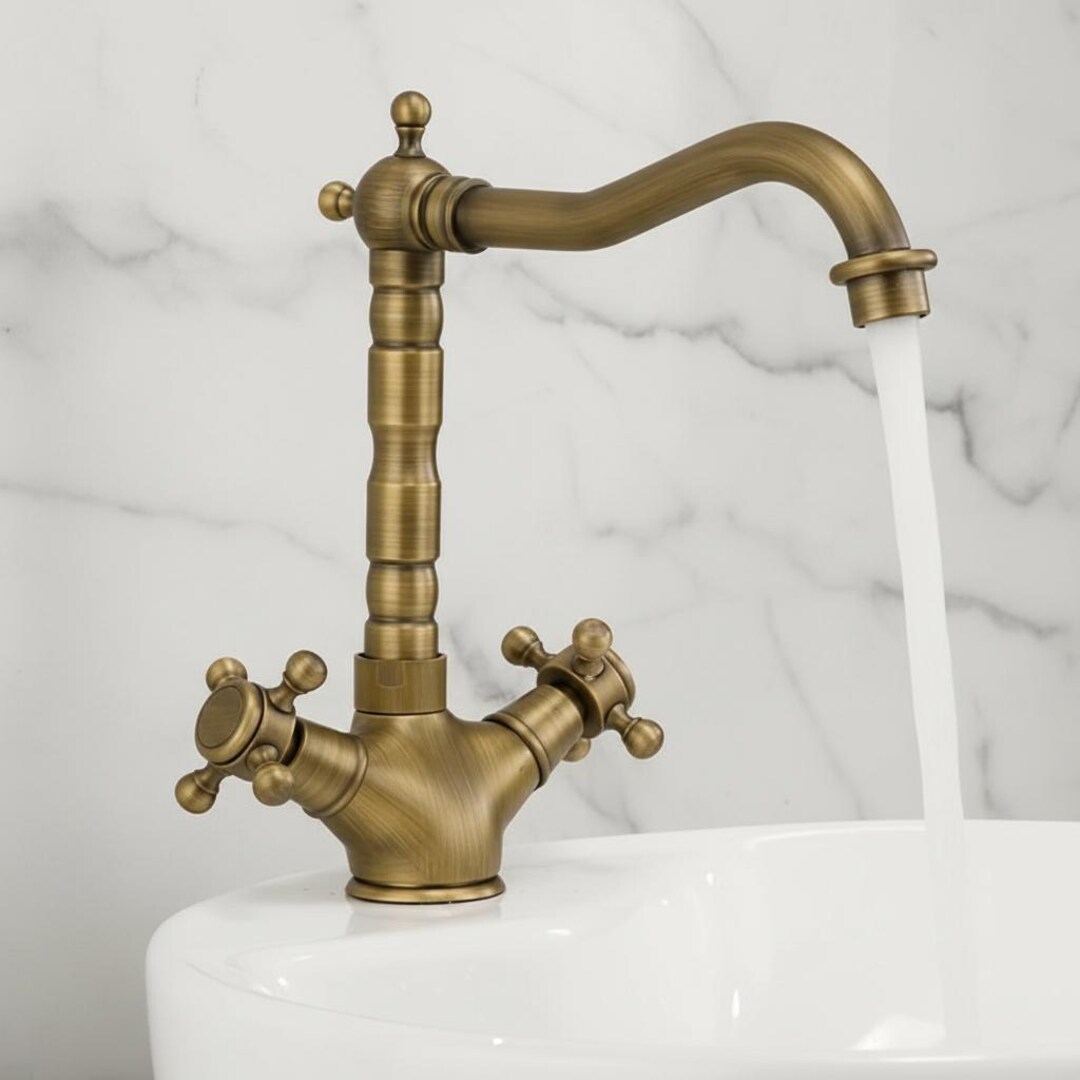 Antique Brushed Brass Faucet | Vintage Bathroom Tap With Cross Handles ...