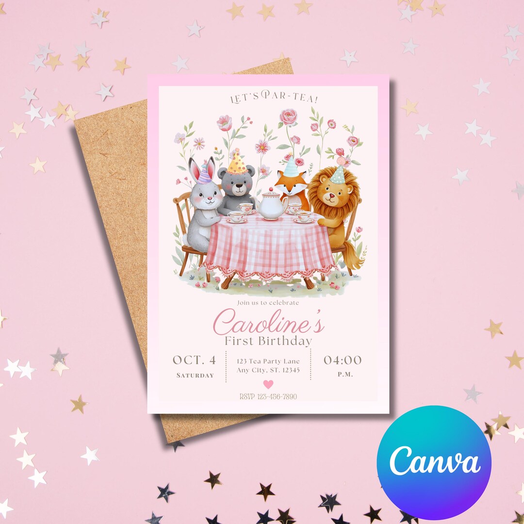 Woodland Animal Tea Party Invitation: First Birthday (digital Download ...