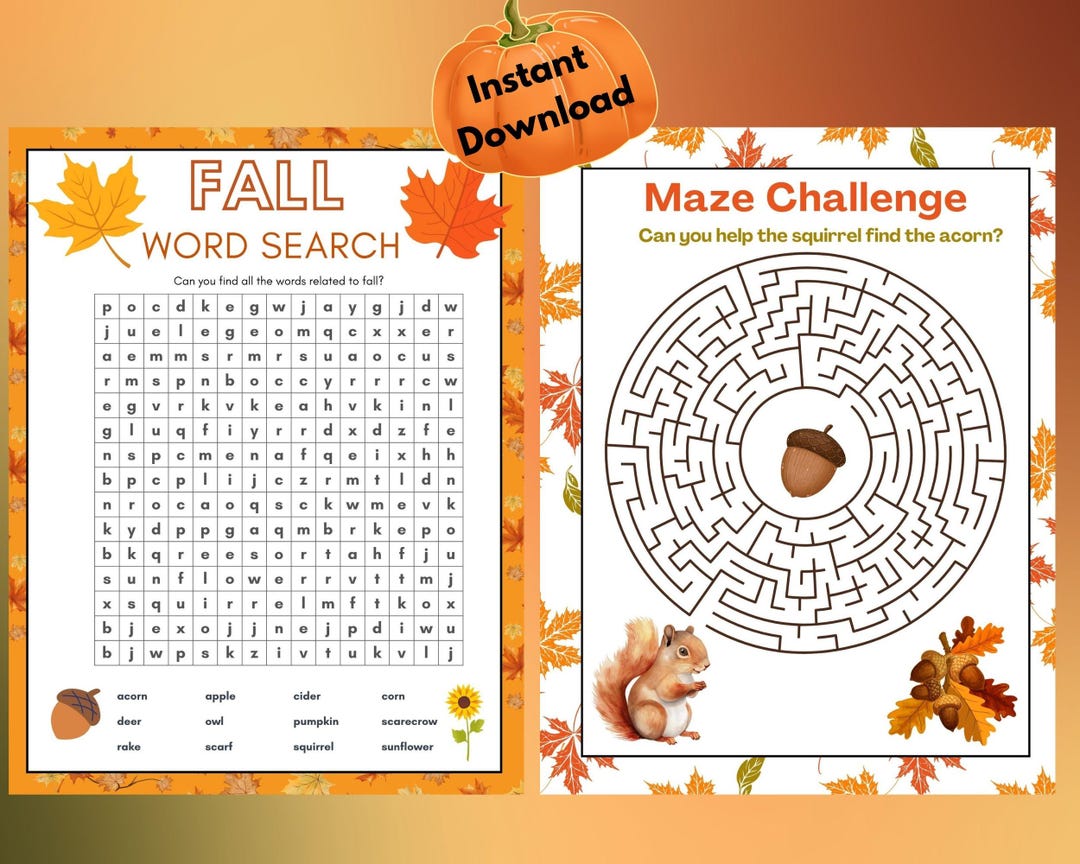 Fall Word Search & Maze Printable, Kids Activity (digital Download) - Etsy
