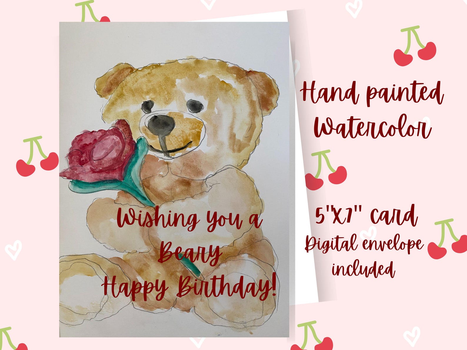 Watercolor Teddy Bear Birthday Card, Digital Envelope Included, Hand ...