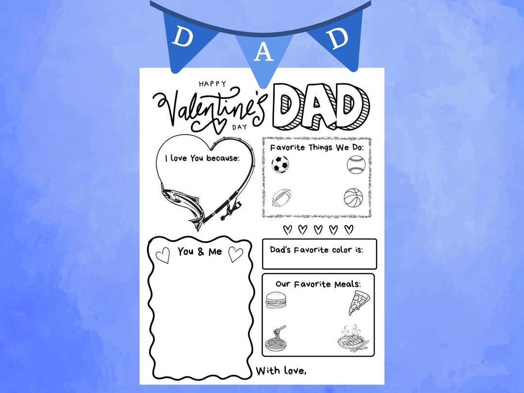 Valentine's Day Card for Dad, Questionnaire, Fill in the Blank, Color ...