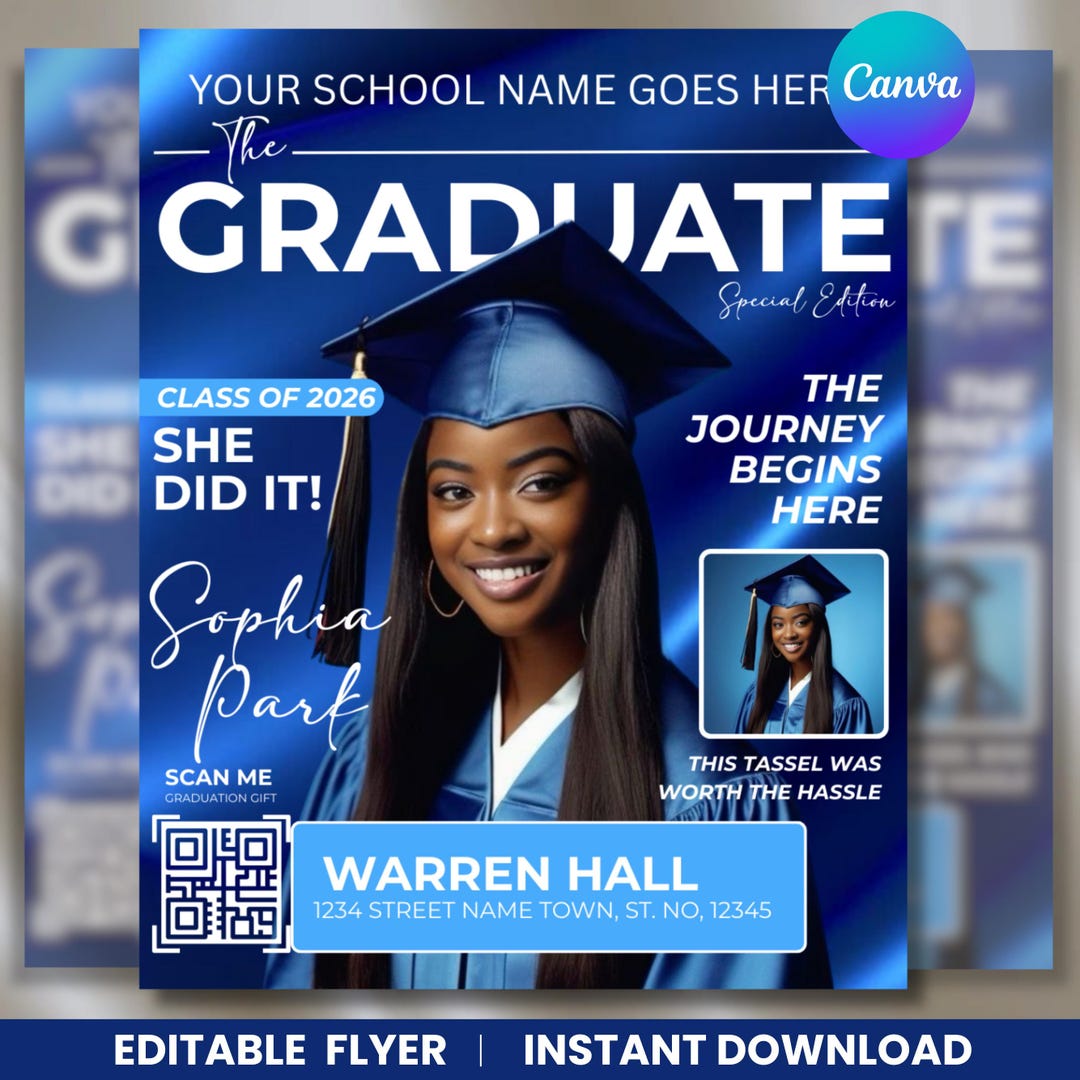 Class of 2026 Gold Graduation Invitation, Editable Magazine Style Black ...