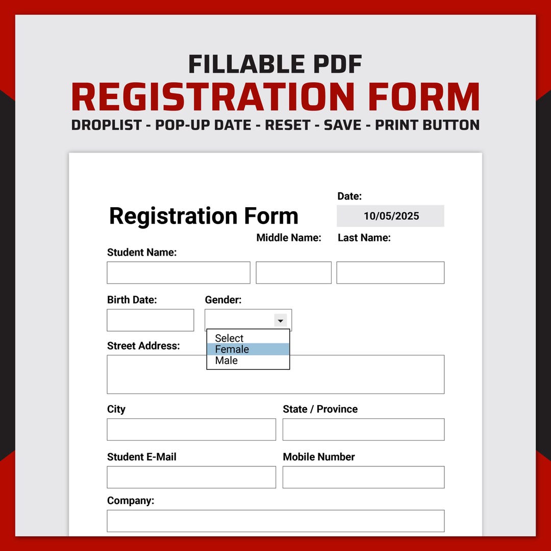 Fillable PDF Registration Form, Editable Form, Student Registration ...