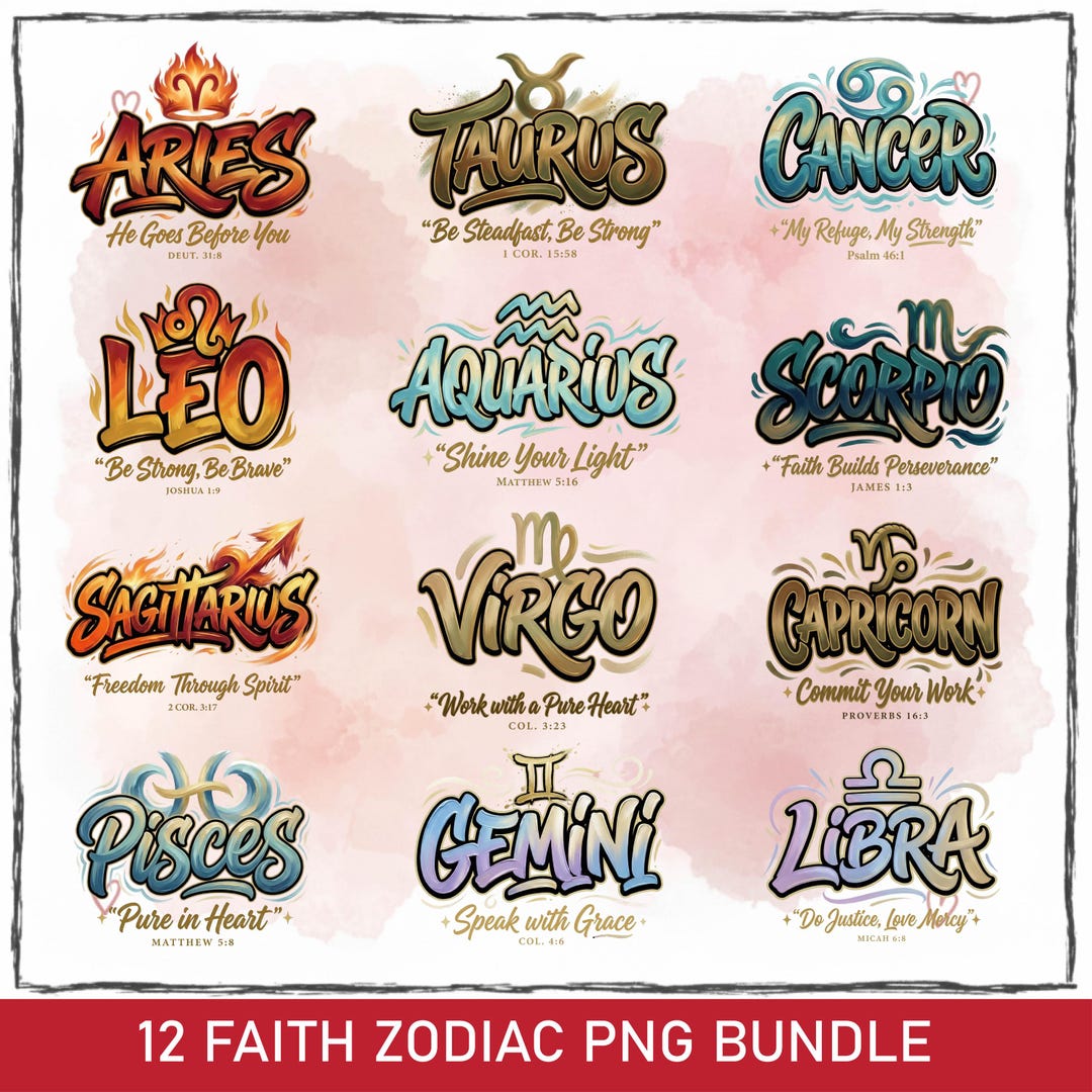 12 Faith Zodiac PNG Bundle, Christian Zodiac Clipart, Bible Verse ...