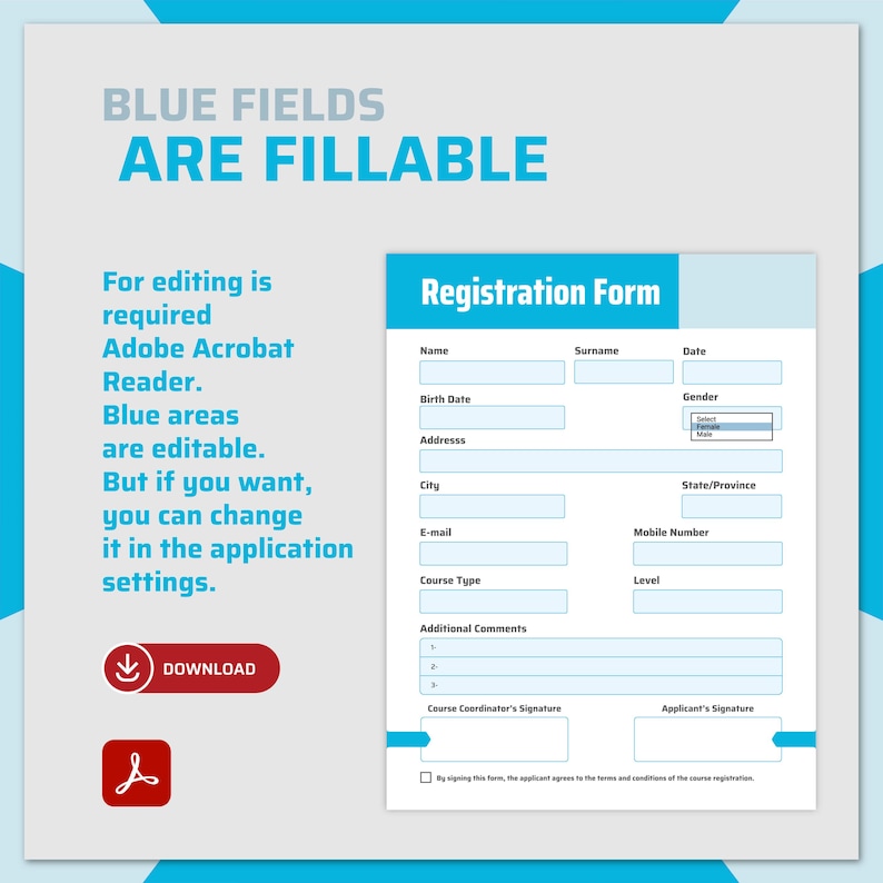 Ultimate Blue Fillable Registration Form With Droplist | Editable PDF ...