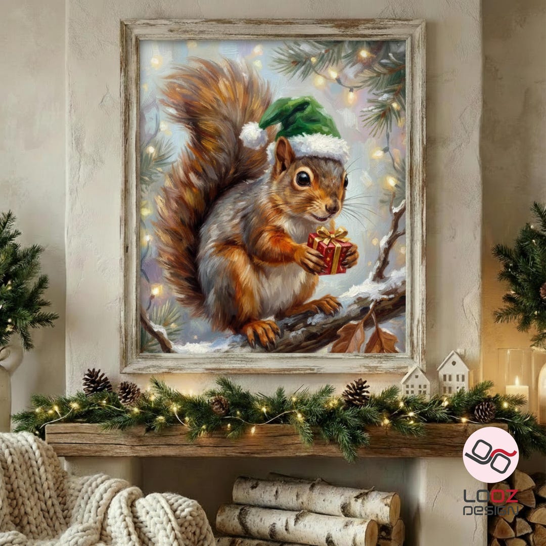 Christmas Squirrel Wall Art Printable, Holiday Animal Print, Winter ...