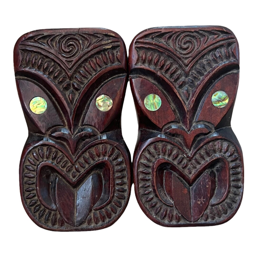 Maori Tiki Mask Wood Carved Paua Shell Eyes Set of 2 Wall - Etsy