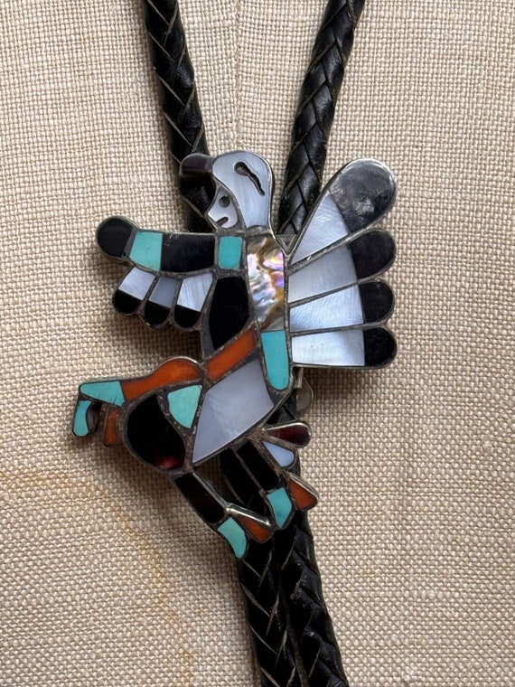 Native American Zuni Dancing Eagle Bolo Tie Signed WM… - Gem