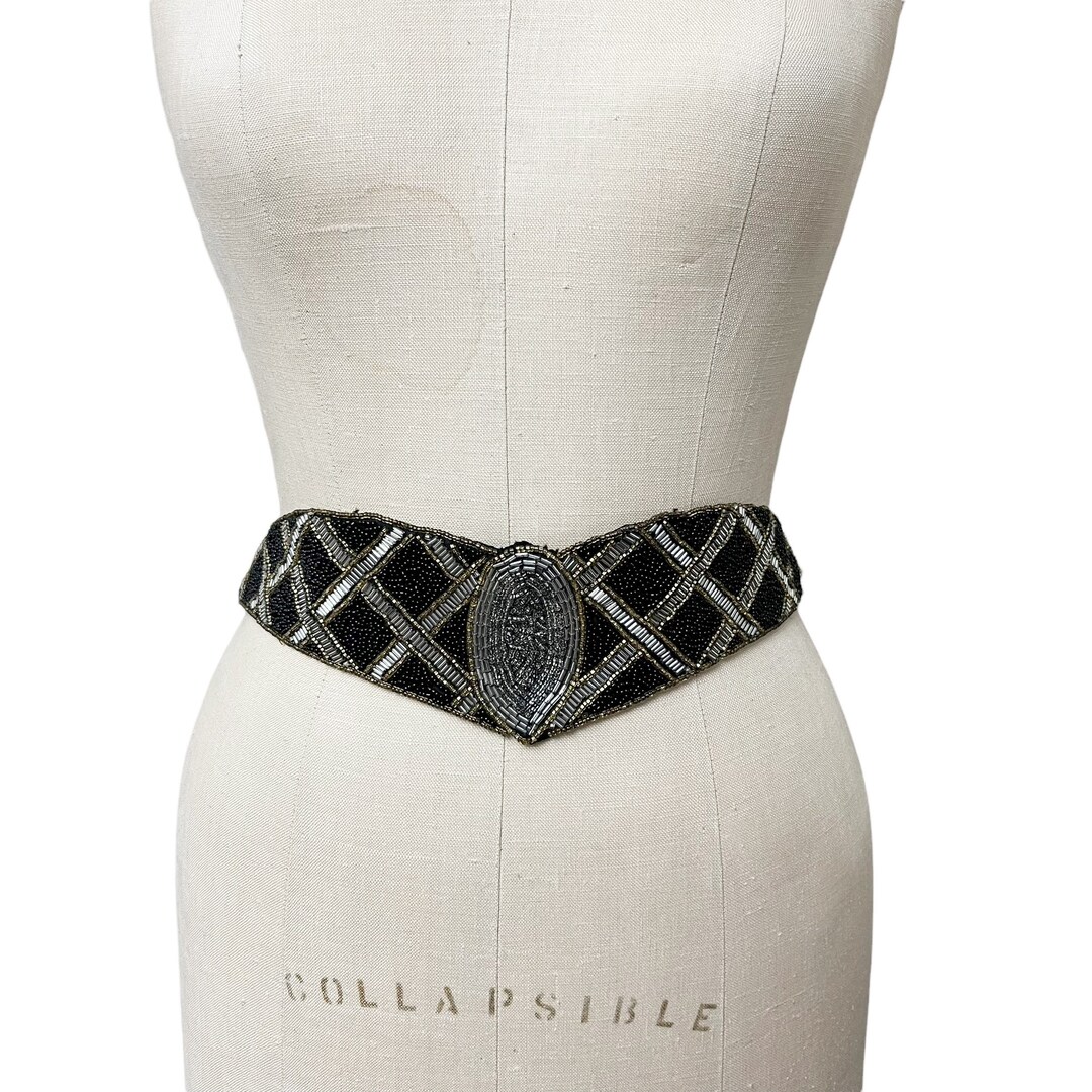 1980s Milor Beaded Belt Statement Black and Gold Womens Vintage ...