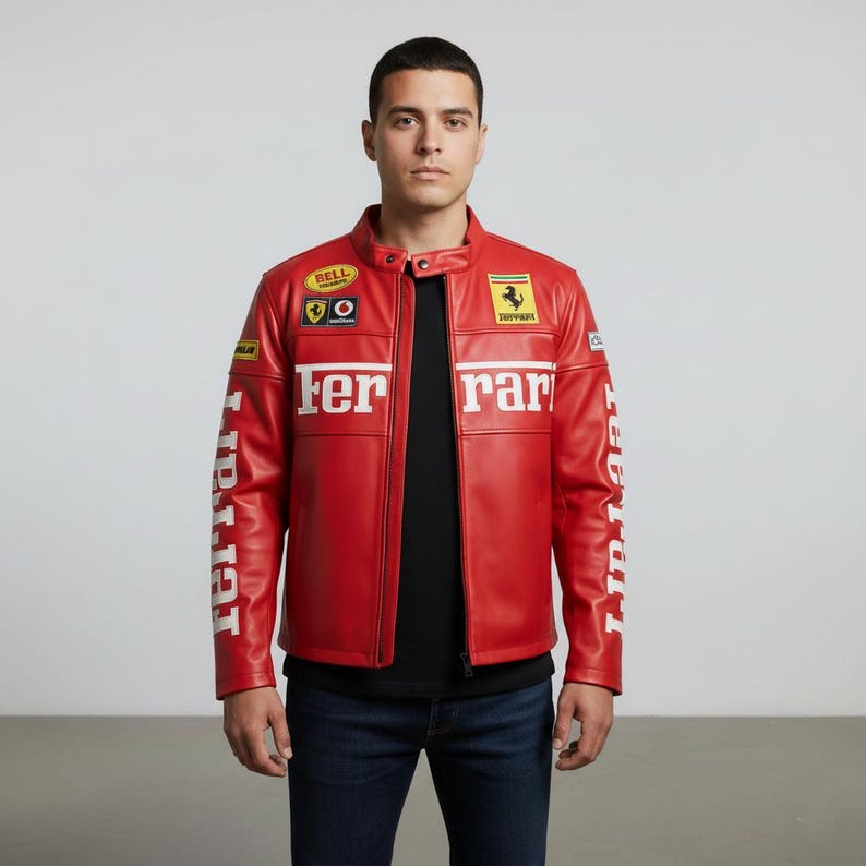 Handmade Ferrari Racing Leather Jacket – Red F1 Bomber With Motorsport ...