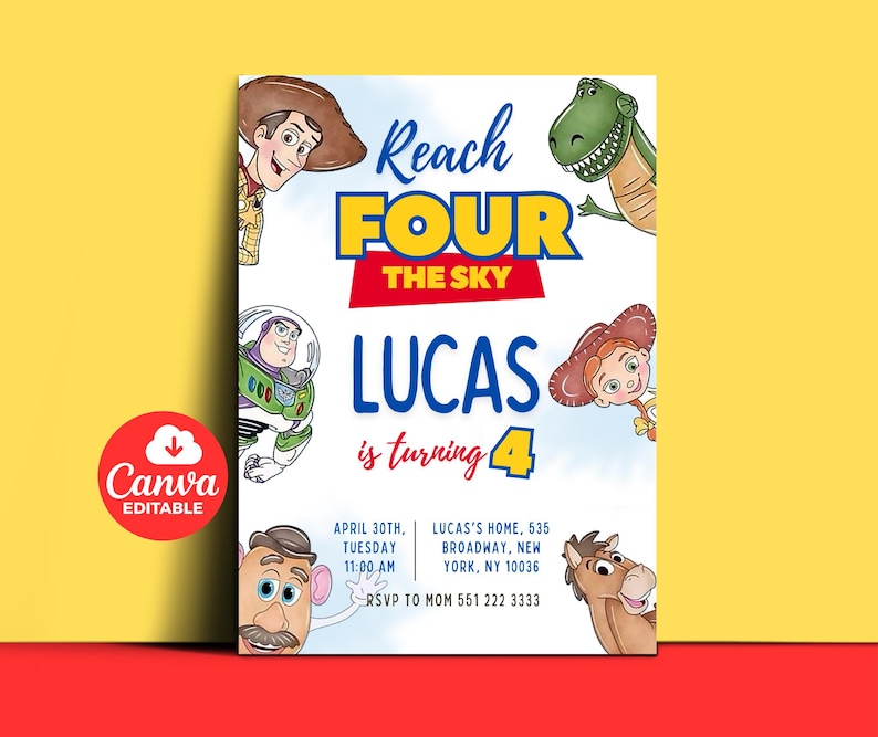 Toy Story Invite Reach Four the Sky Editable Toy Story Birthday Invite ...