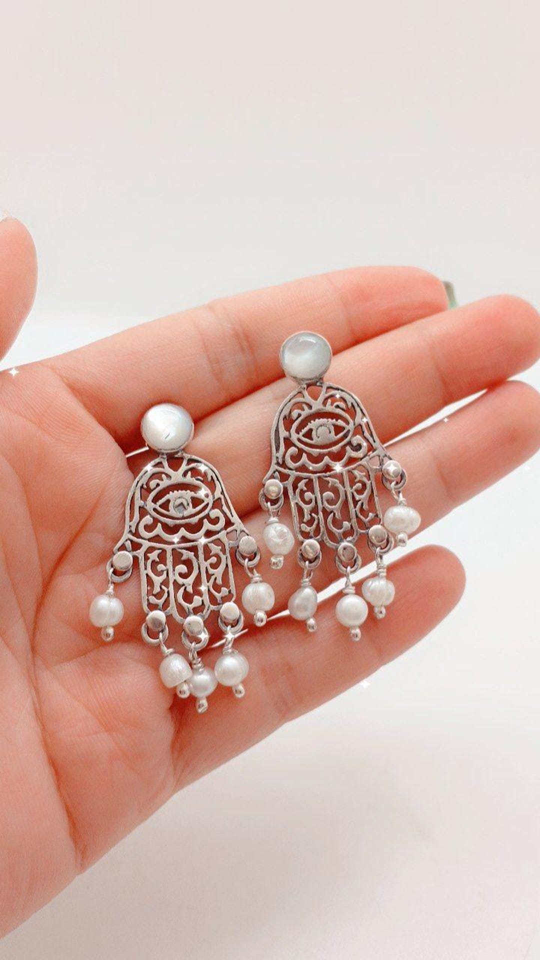 Handmade Sterling Silver Hand of Fatima Earring With Gemstones - Etsy