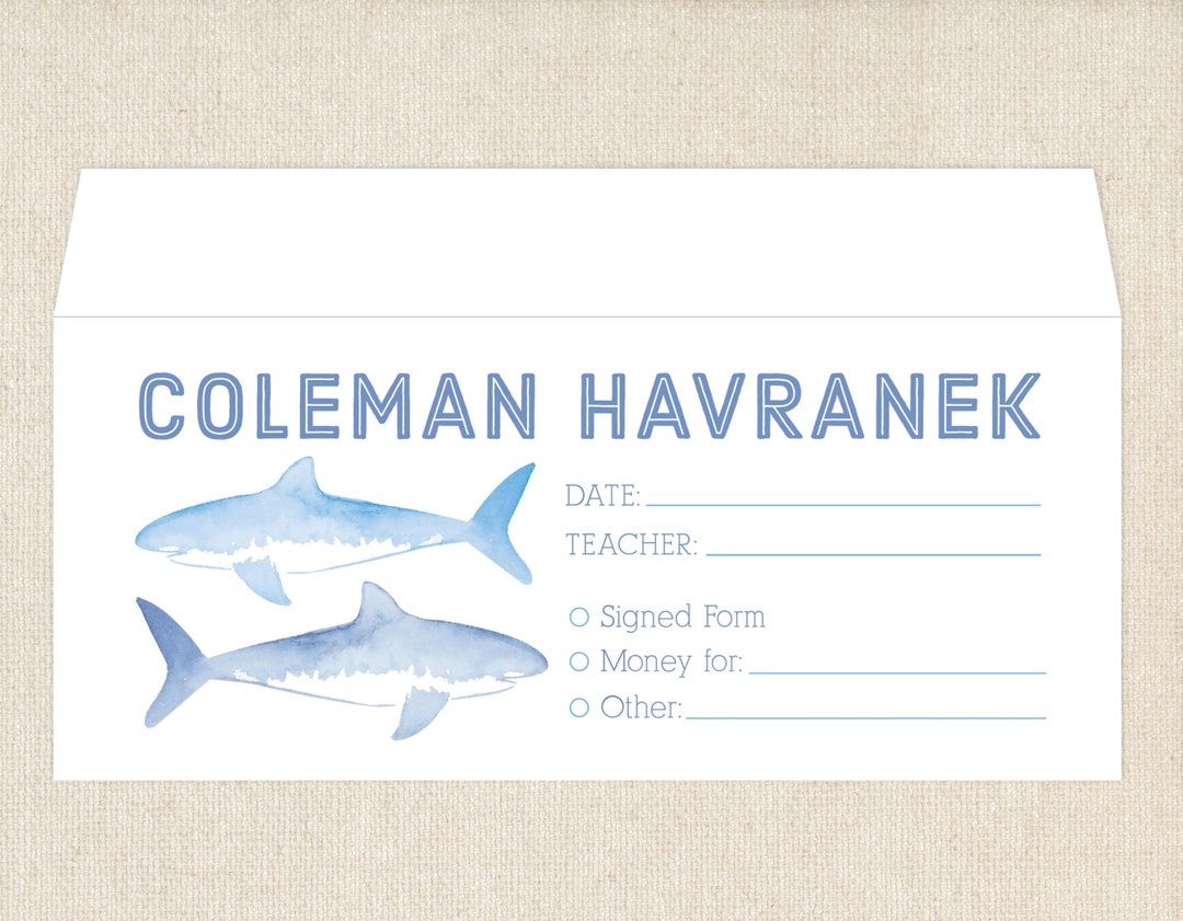 25 Personalized Shark School Envelopes // Watercolor // Ocean // Shark ...