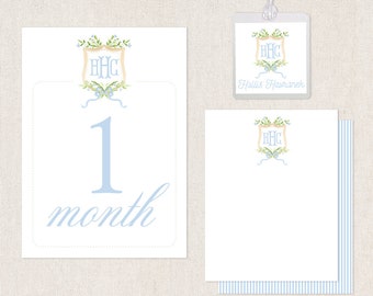 Watercolor Monogram Crest Baby Milestone Cards // Baby // | Etsy