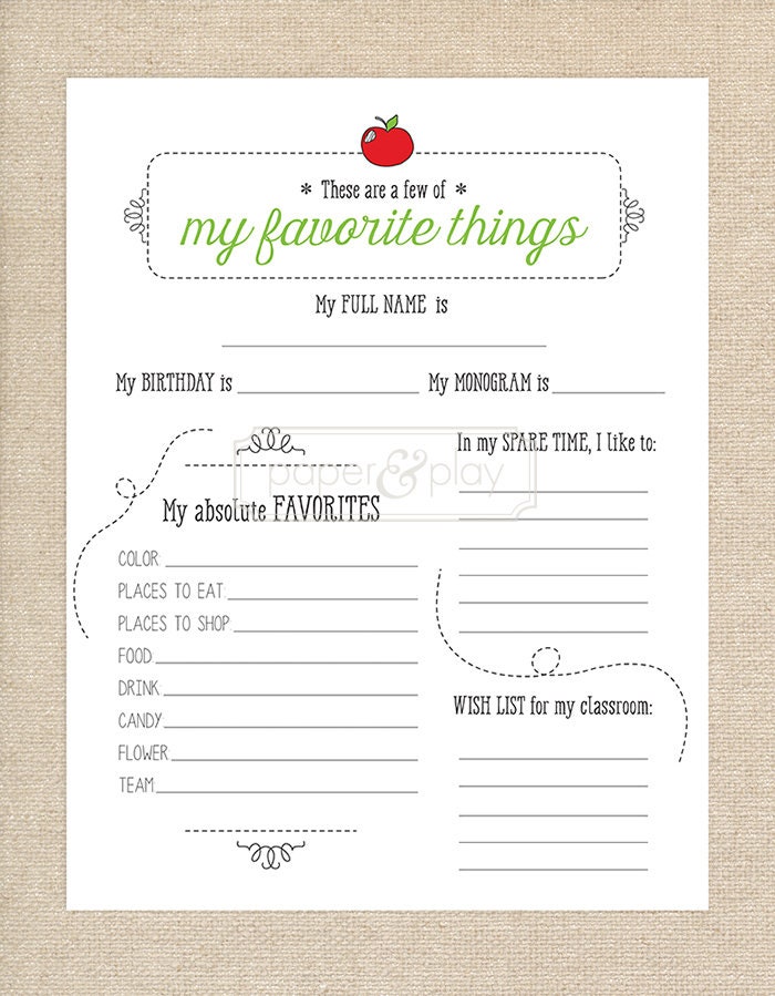 Favorite Things Questionnaire