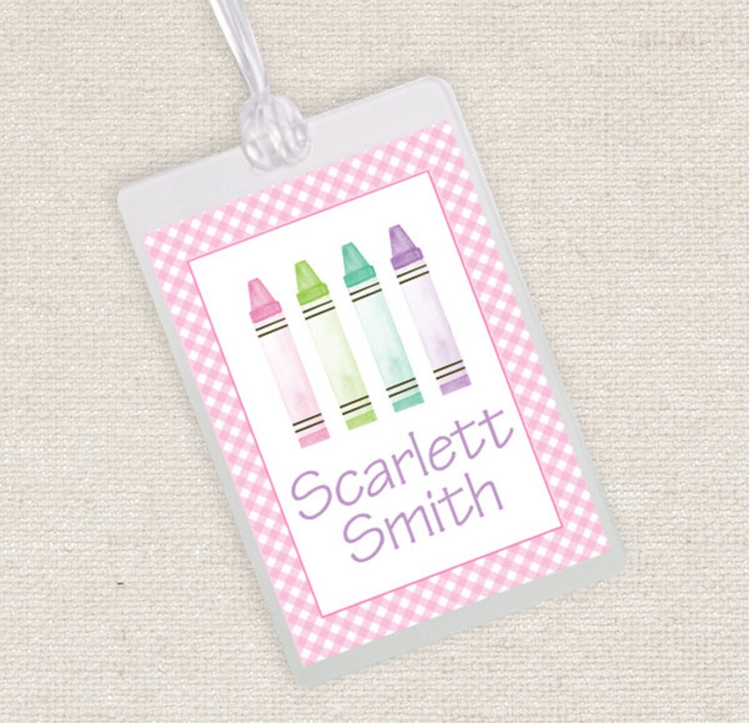 Watercolor Pink Crayon Luggage Tag // Backpack // Tag // School // Girl ...