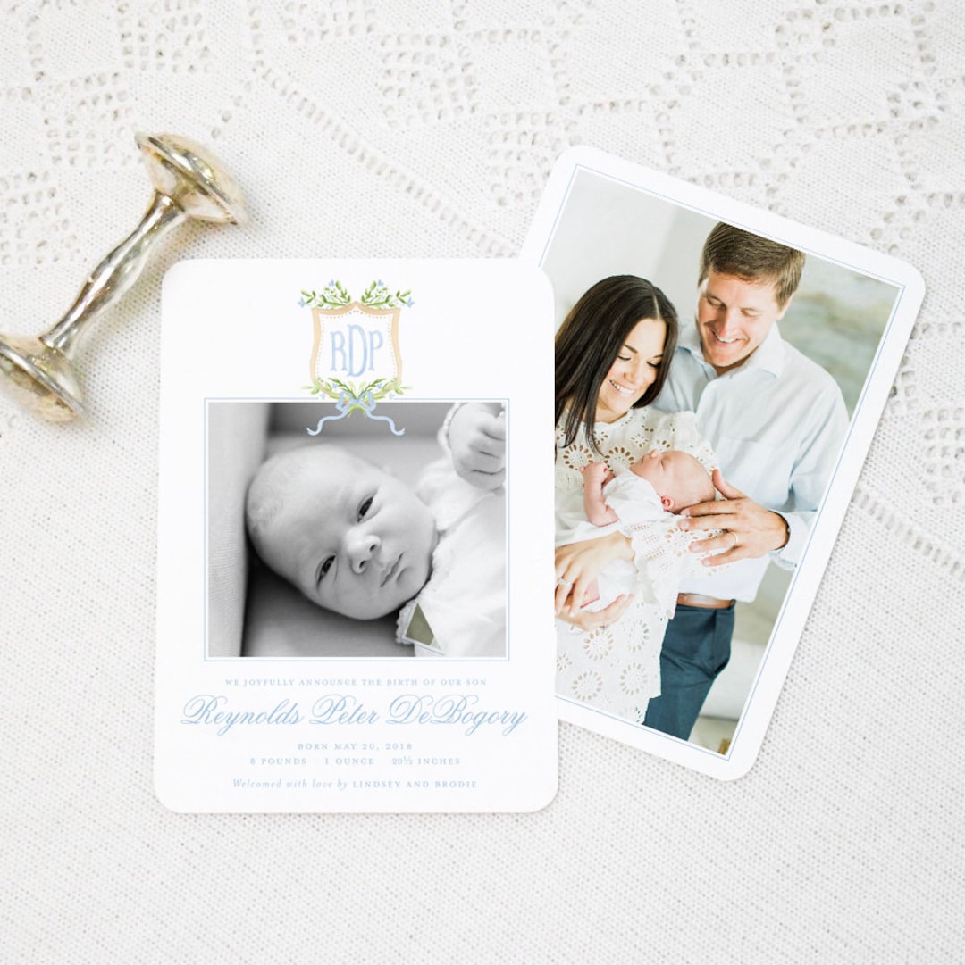 Watercolor Blue Floral Crest Birth Announcement // Printed // Floral ...