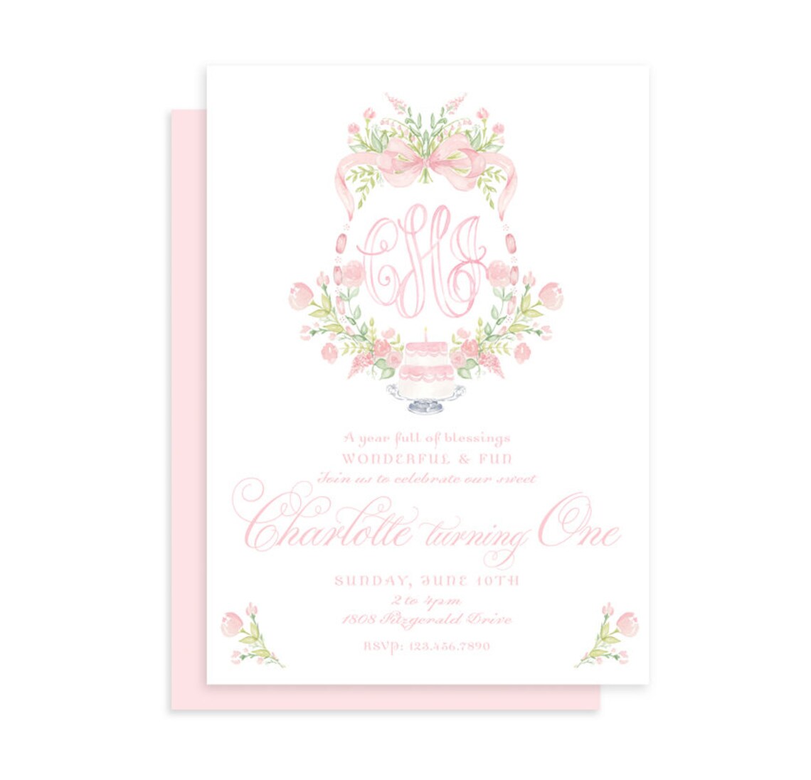 Watercolor Pink Ribbon Floral Crest Monogram Invitation // Printable ...