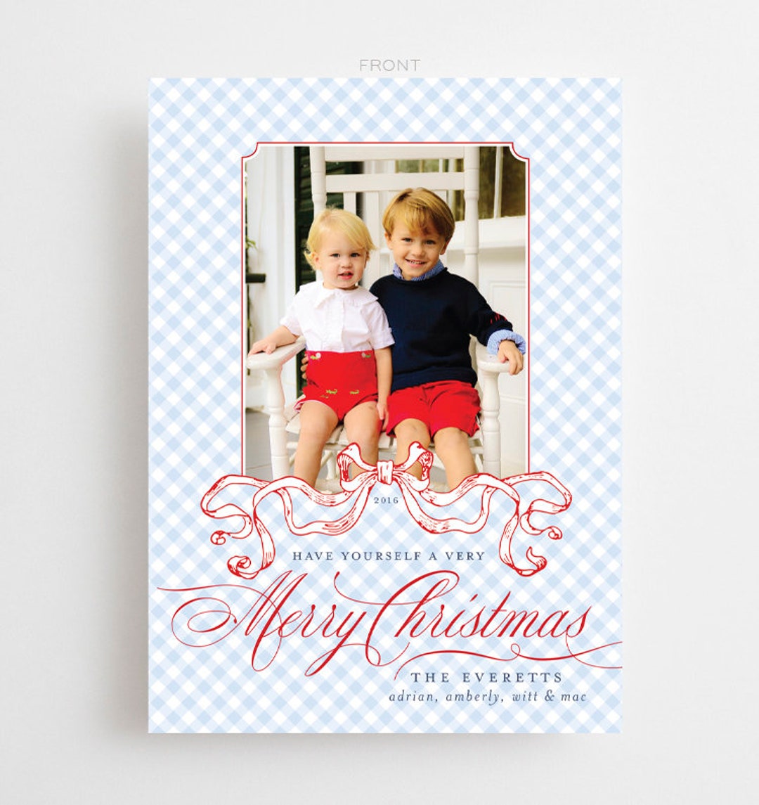 Gingham Christmas Card // Red // Blue // Check // Photo // Holiday - Etsy