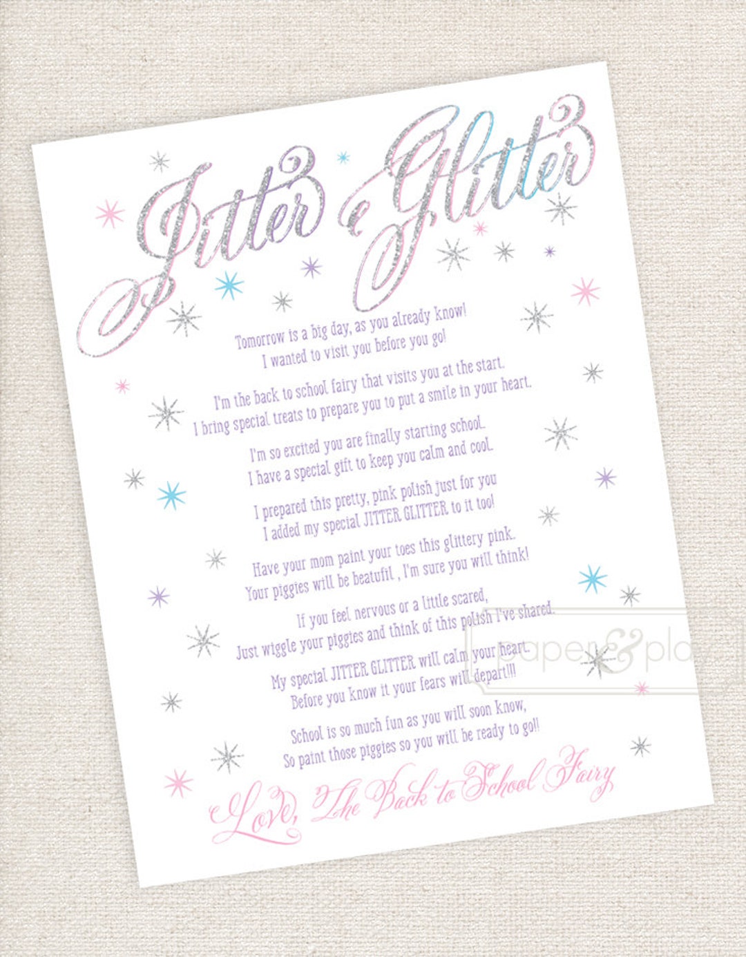 Printable Night Before School Jitter Glitter Letter - Etsy