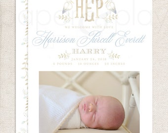 Watercolor Blue Floral Crest Birth Announcement // Printed // | Etsy