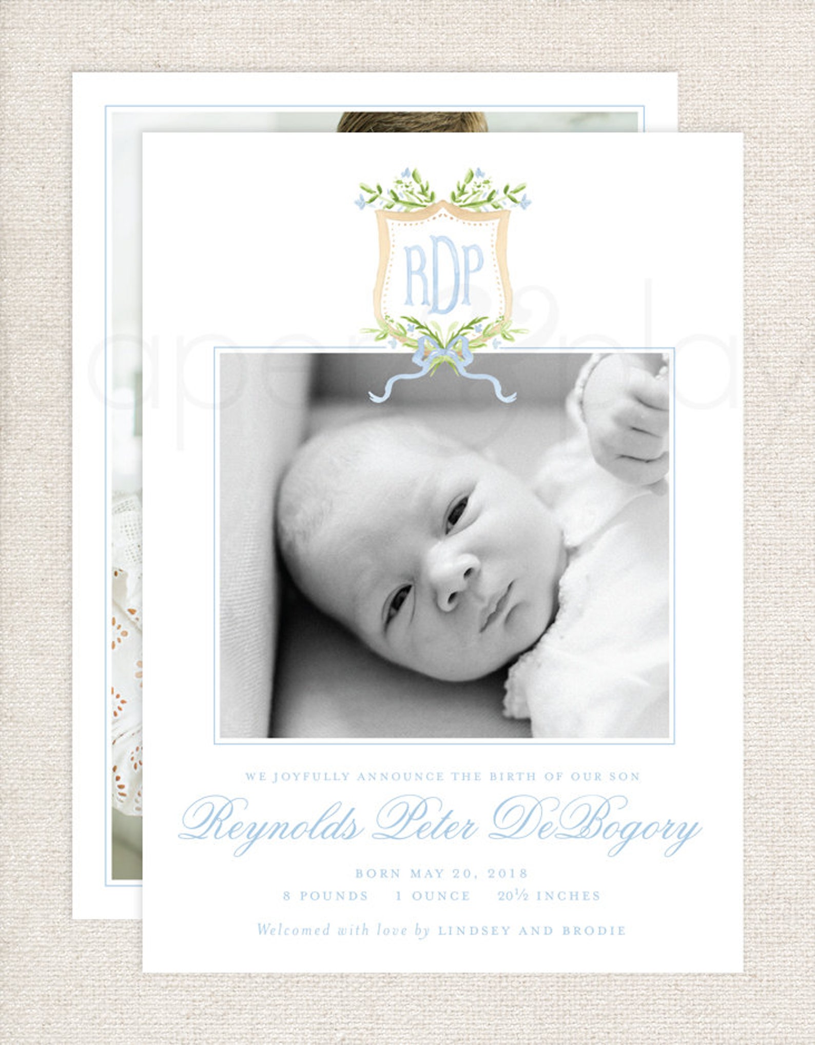 Watercolor Blue Floral Crest Birth Announcement // Printed // Floral ...