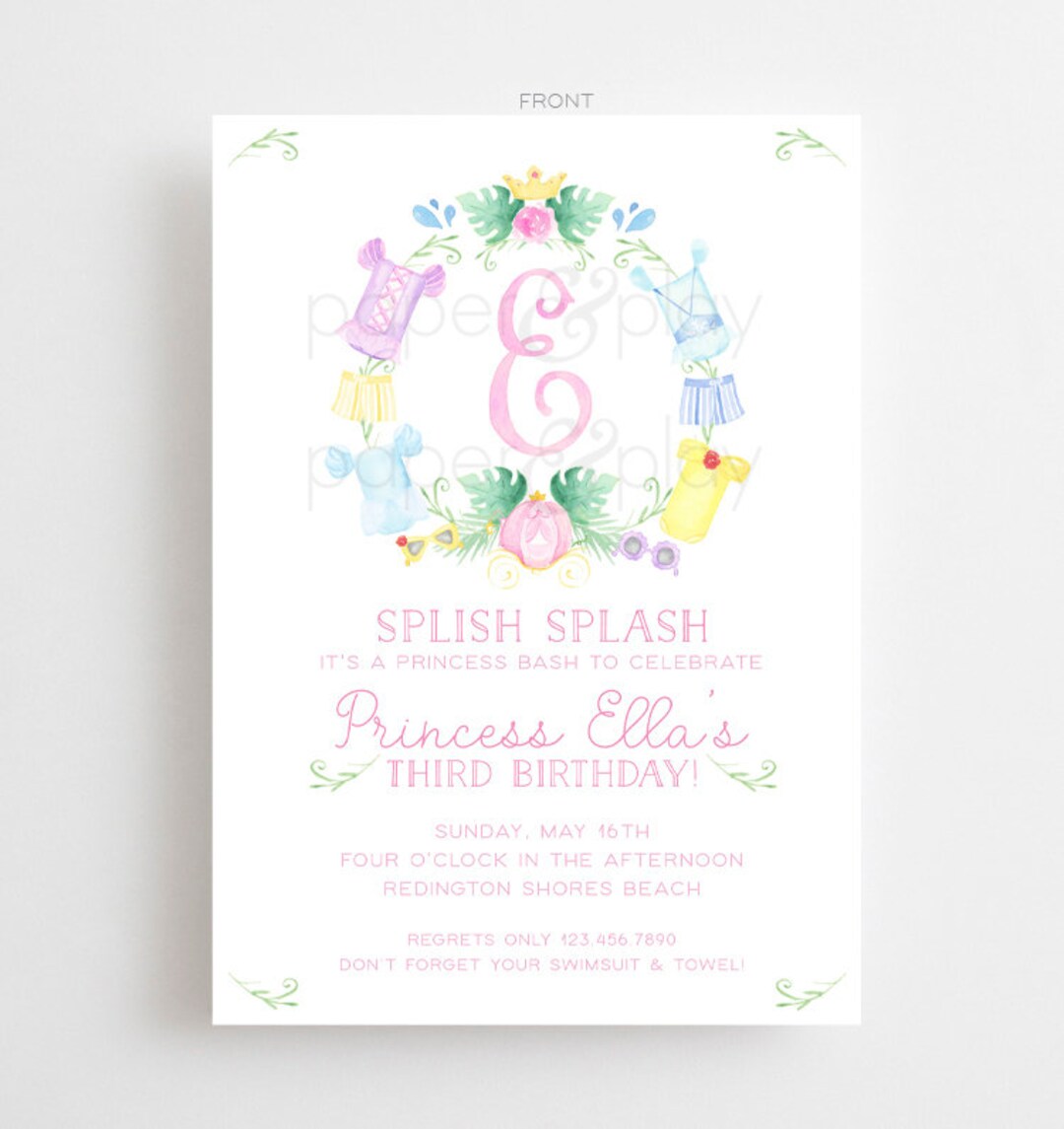 PRINTABLE Watercolor Princess Swim Crest Party Invitations // Pool ...
