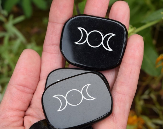 Black Obsidian Triple Moon Goddess Palm/pocket Stone - Etsy
