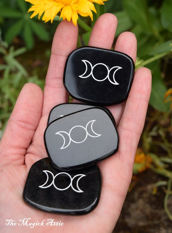 Black Obsidian Triple Moon Goddess Palm/pocket Stone - Etsy