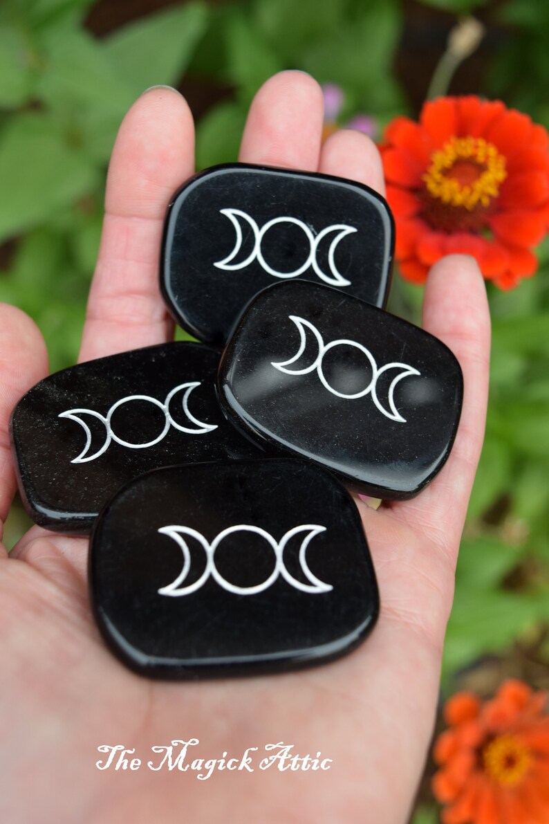Black Obsidian Triple Moon Goddess Palm/pocket Stone - Etsy