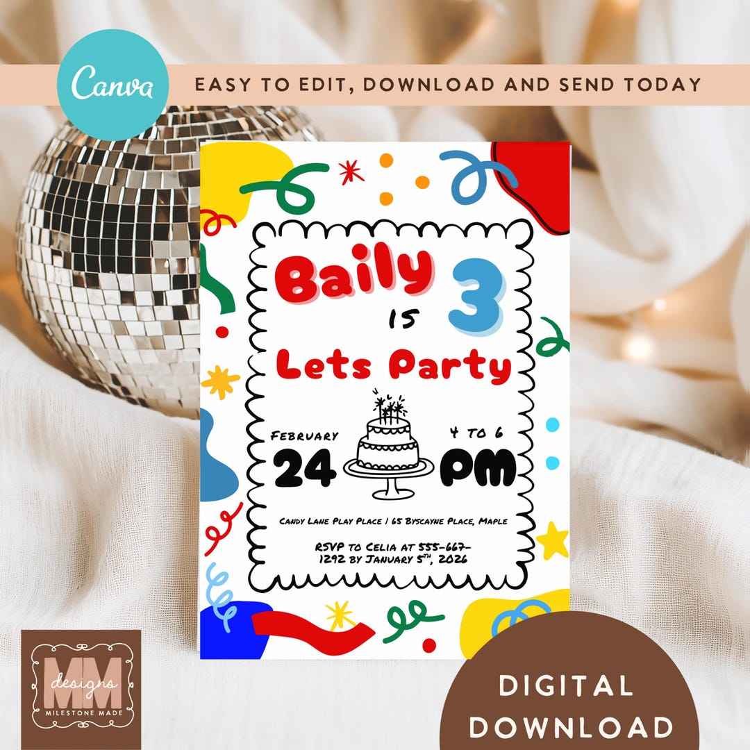 Doodle Birthday Party Invitation, Colorful and Bright Any Age Printable ...