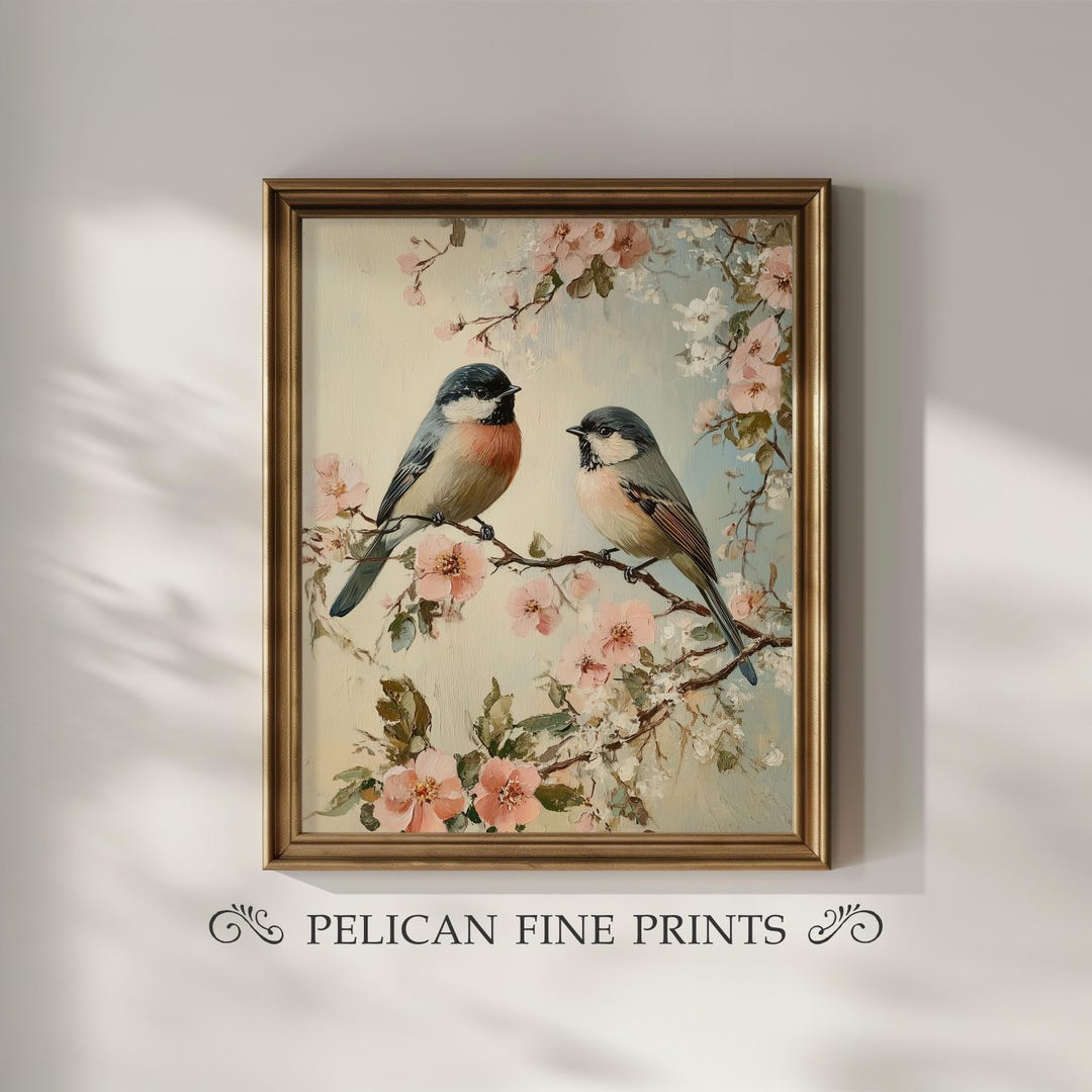 Two Songbirds on Blossoming Branch - Spring Bird Wall Art Print ...