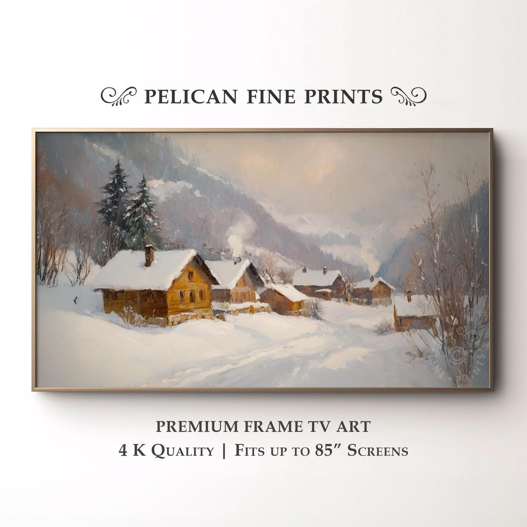 Rustic Winter Village Frame TV Art, Vintage Cozy Cottage Landscape ...