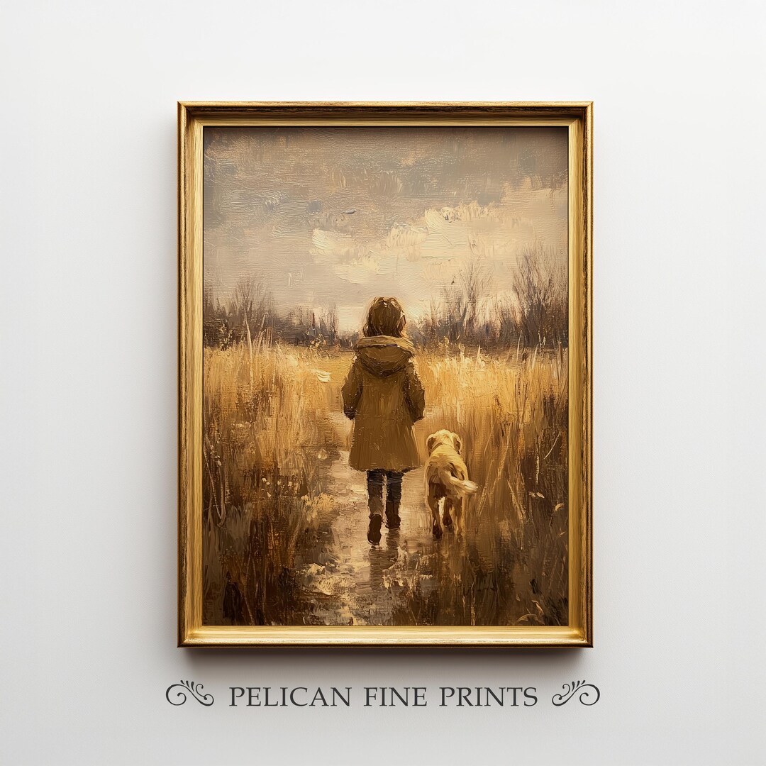 Rustic Child and Dog Painting, Cozy Cottagecore Landscape Art ...