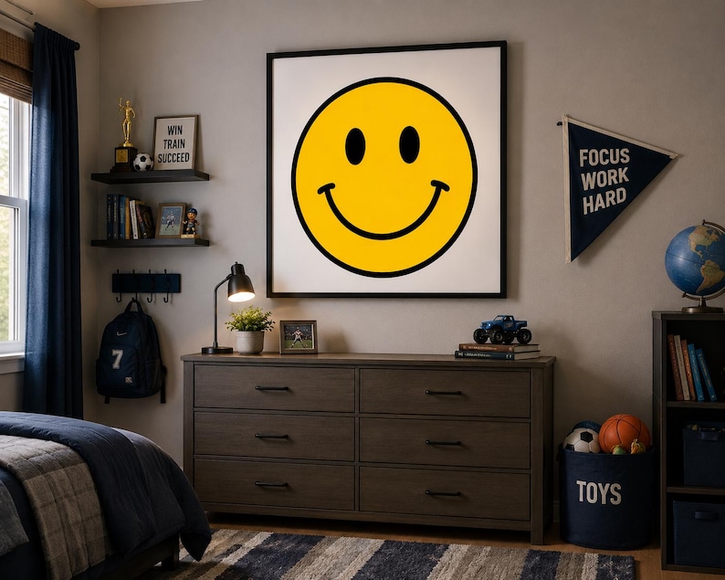 Minimalist Smiley Face Print, Yellow Happy Wall Art, Kids Room Decor ...