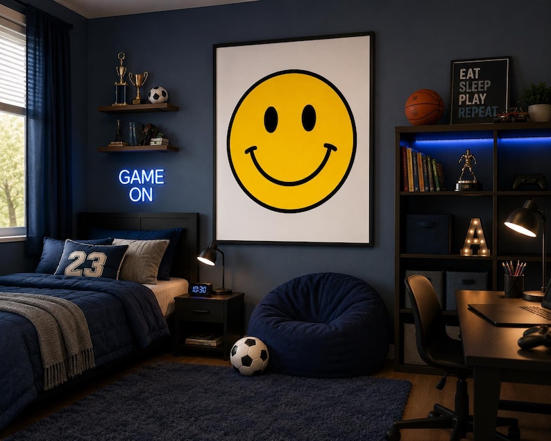 Minimalist Smiley Face Print, Yellow Happy Wall Art, Kids Room Decor ...