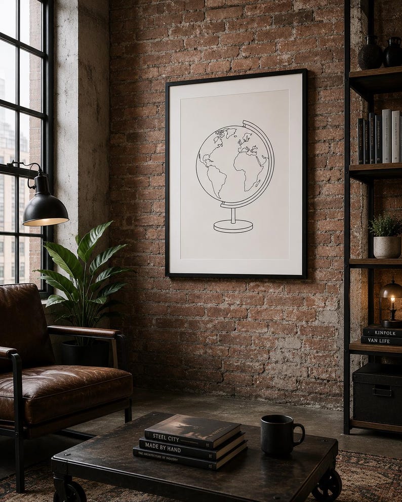 Minimal Globe Line Art Print, Modern Earth Wall Decor (digital Download ...