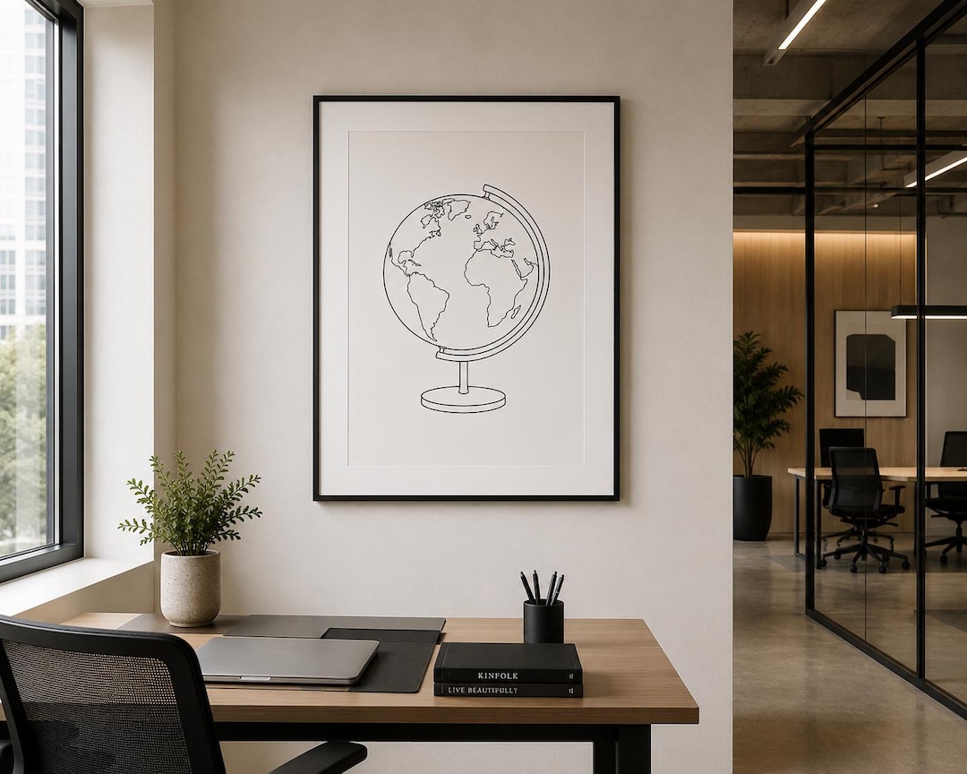 Minimal Globe Line Art Print, Modern Earth Wall Decor (digital Download ...