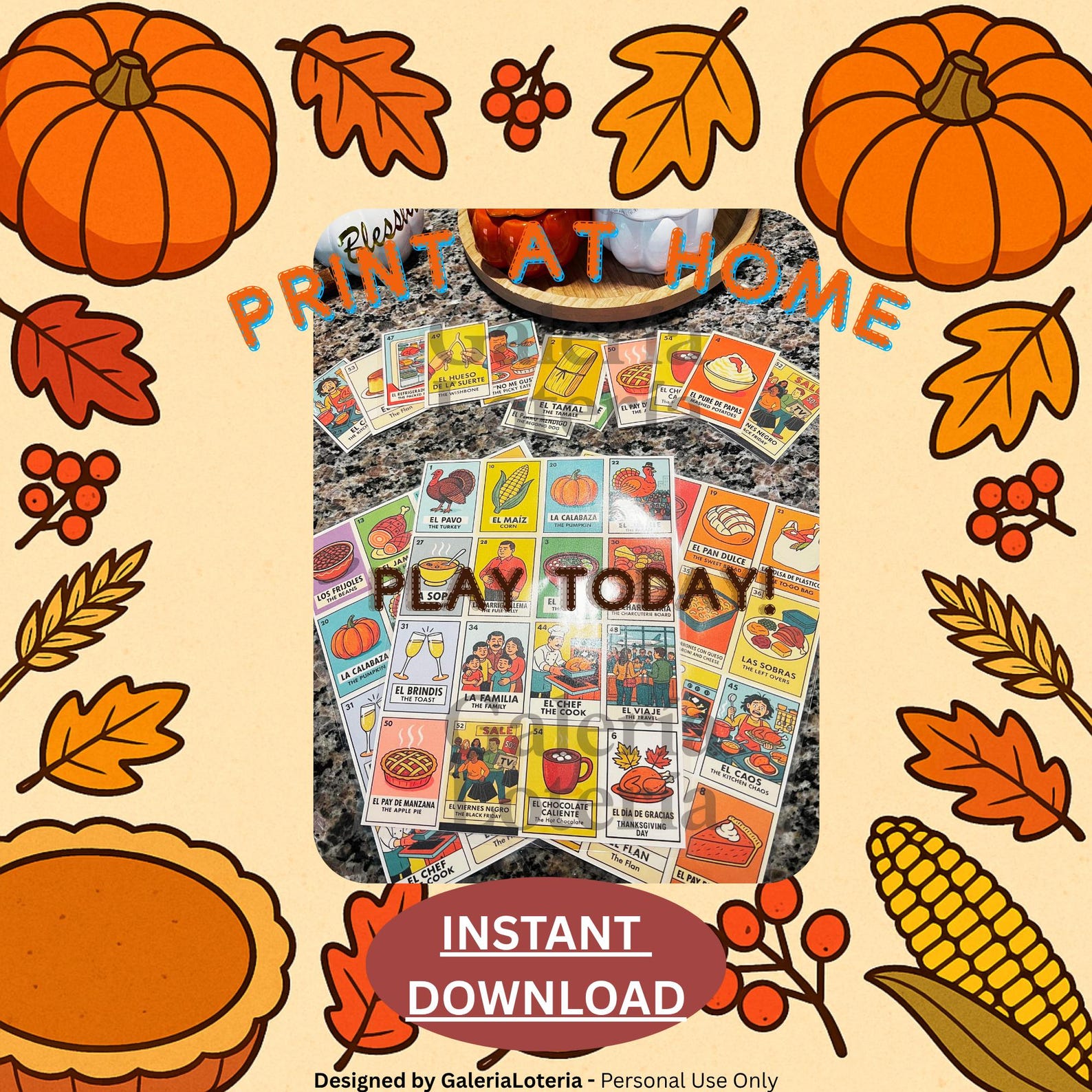Thanksgiving Lotería Game 20 Tablas + Cards – Printable Mexican Bingo ...