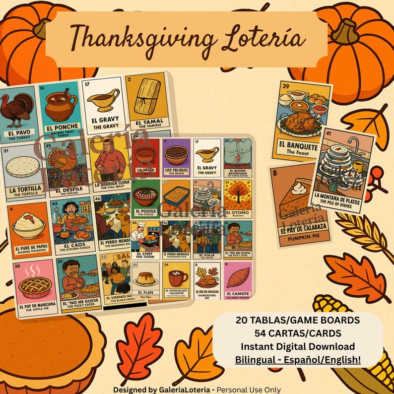 Thanksgiving Lotería Game 20 Tablas + Cards – Printable Mexican Bingo ...