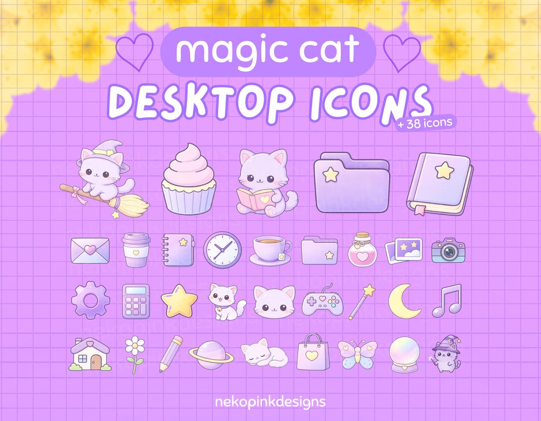 Purple Magic Cat Desktop Icons: Kawaii Icon Set for Windows & Mac ...