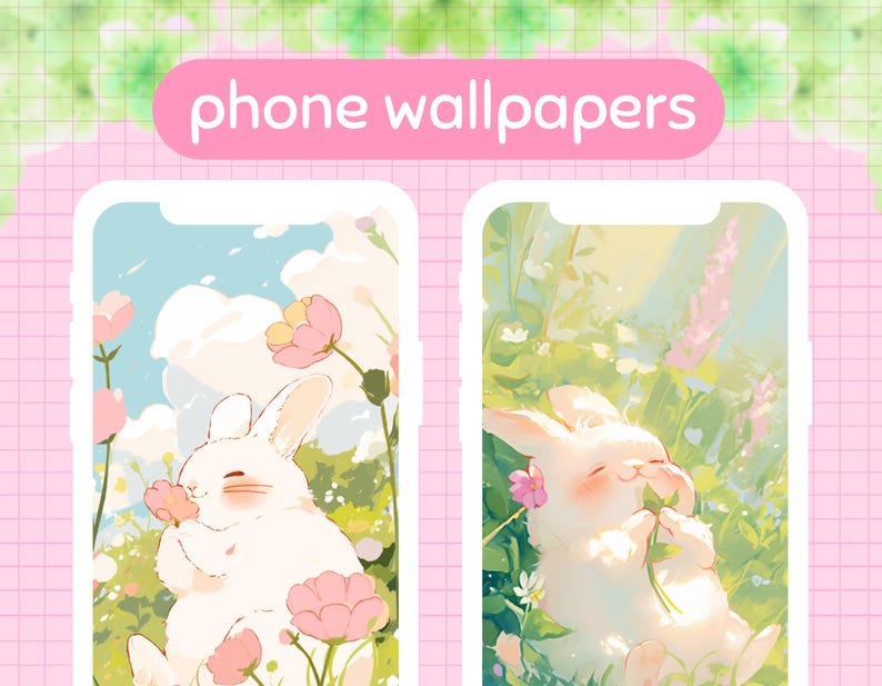 Spring Bunny Wallpaper Set: Pink Desktop & Phone Backgrounds, Kawaii ...