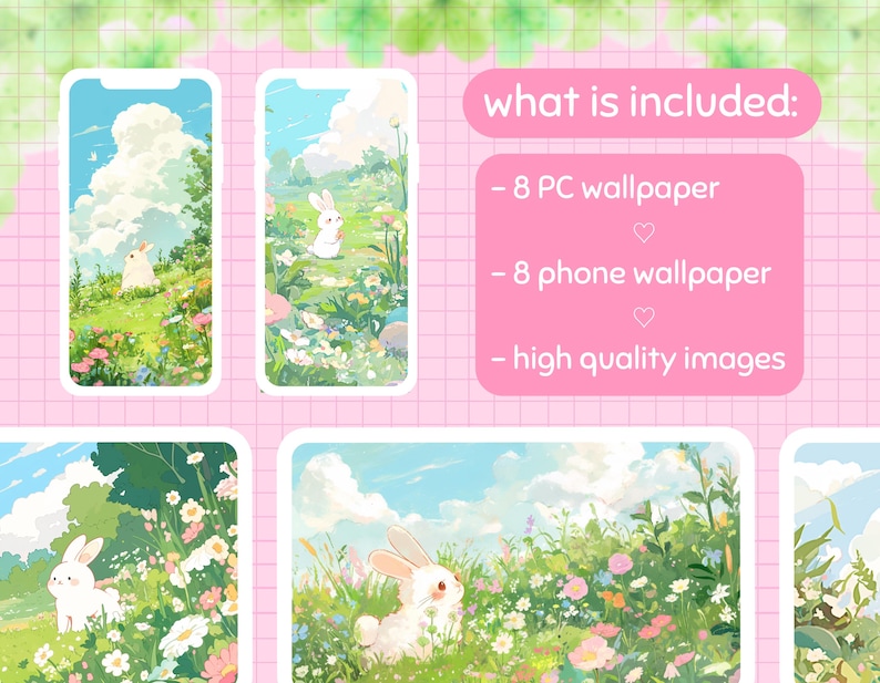 Spring Bunny Wallpaper Set: Pink Desktop & Phone Backgrounds, Kawaii ...