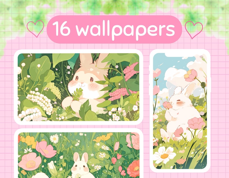 Spring Bunny Wallpaper Set: Pink Desktop & Phone Backgrounds, Kawaii ...