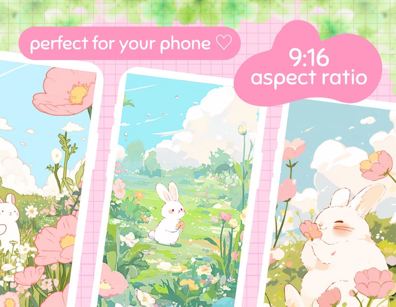 Spring Bunny Wallpaper Set: Pink Desktop & Phone Backgrounds, Kawaii ...