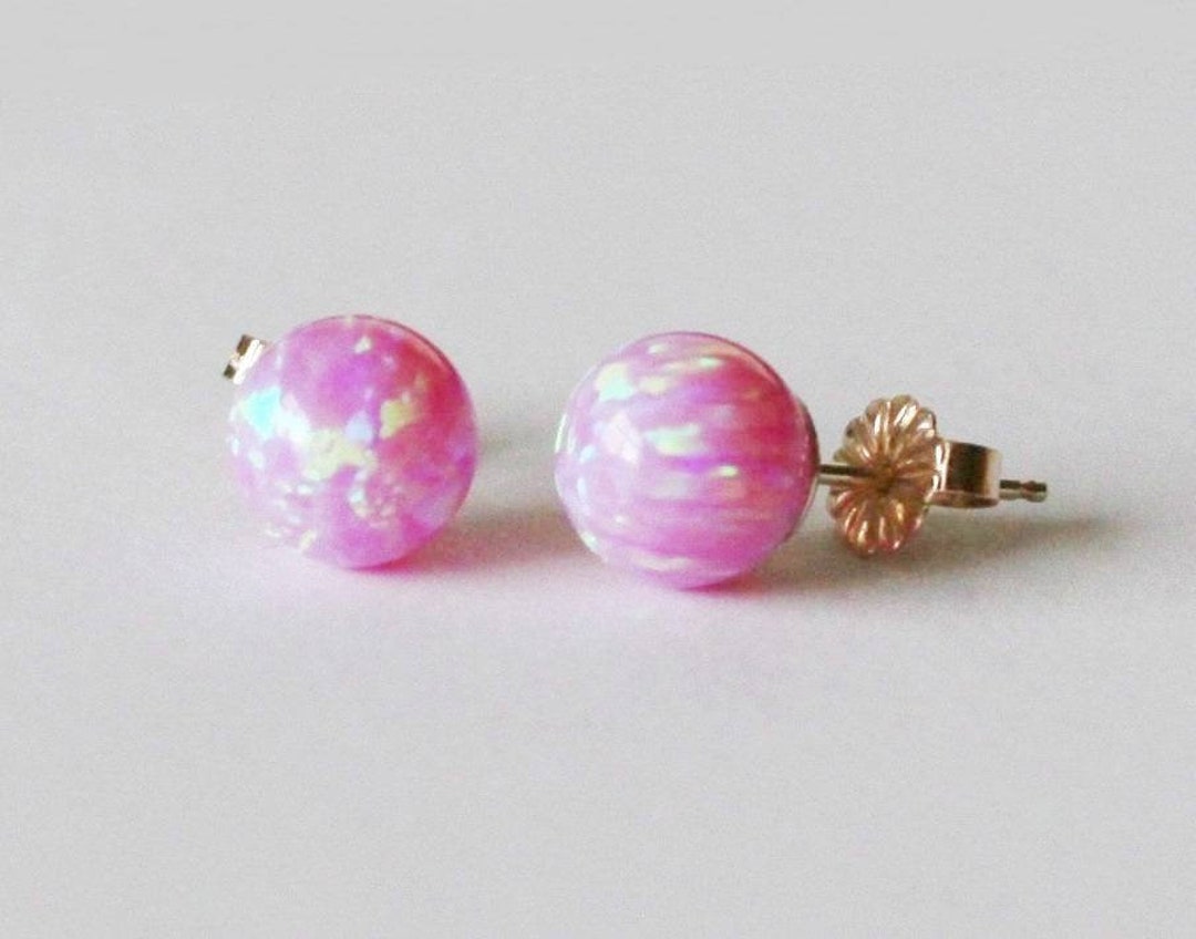 Iridescent Pink Opal Stud Earrings, Pink Opal Ball Earrings, Opal ...