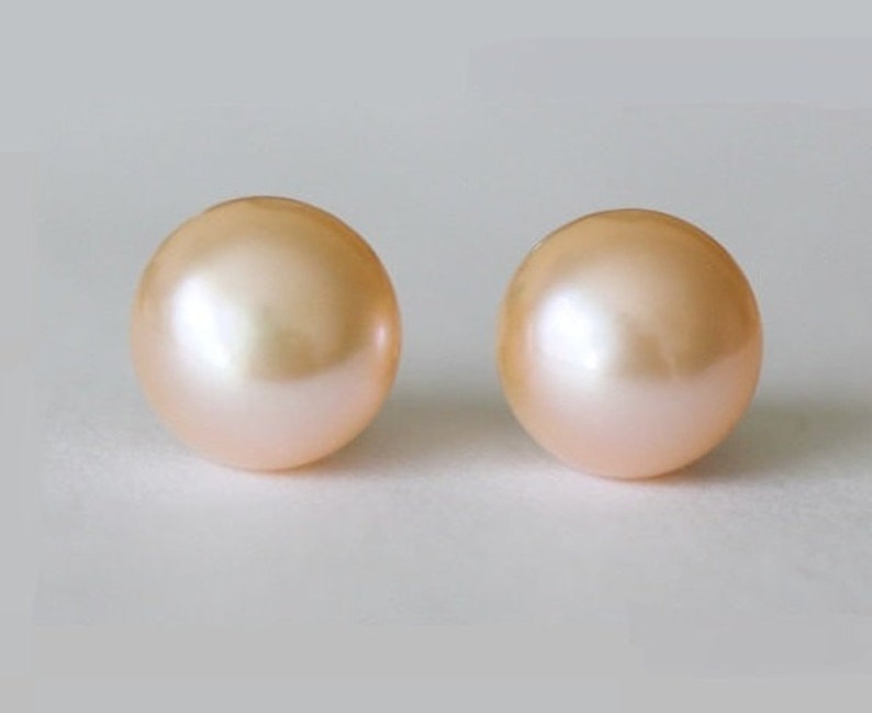 Solid Gold 9-9.5 Mm Peach Pearl Stud Earrings, Real Peach Pearl Studs ...