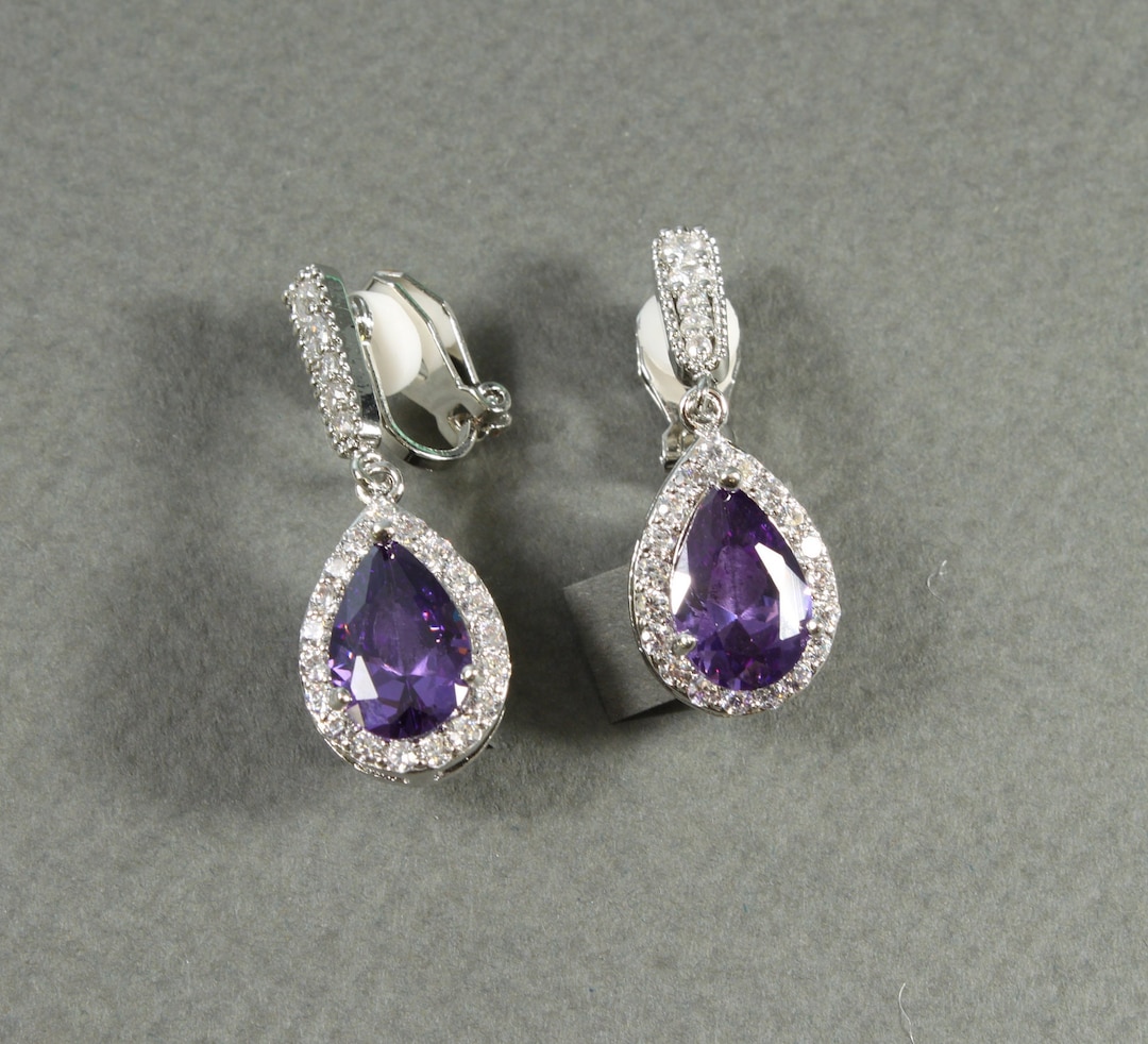 Clip on Dark Purple Bridal Earrings Necklace Set Amethyst Bridesmaid ...