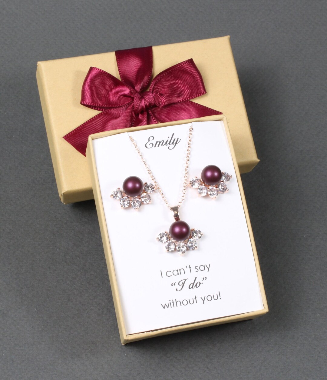 Maroon Red Bridesmaid Pearl Earrings Necklace Set Burgundy Bridesmaid ...
